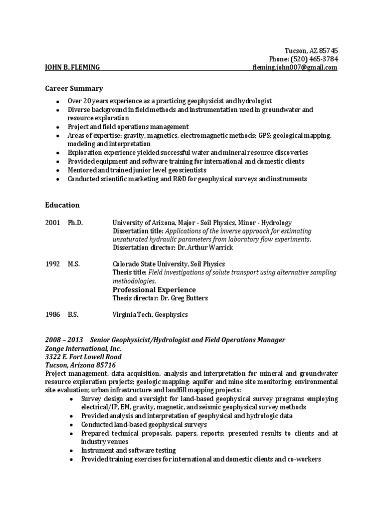 Project Manager Hydrologist Geophysicist in Tucson AZ Resume John ...