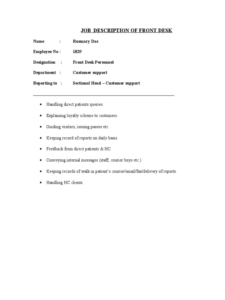 Job Description of Front Desk | PDF | Sales | Business