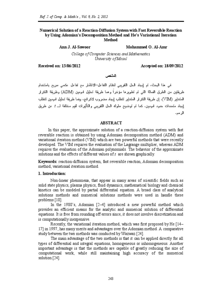 Numerical Solution Of A Reaction Diffusion System With Fast Reversible Reaction By Using Adomian