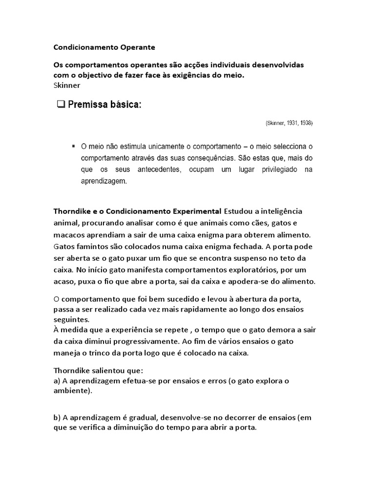 Condicionamento Operante: Teorias de Thorndike e Skinner | PDF ...