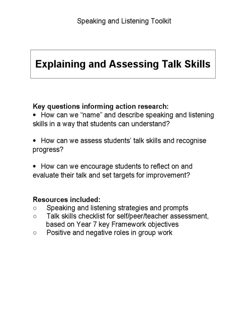Speaking and Listening Skills Toolkit | PDF | Educational Assessment ...