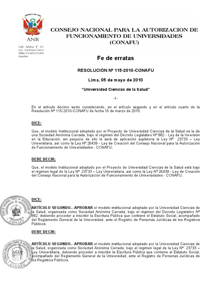 Modelo de Fe de Erratas | Universidad | Institución