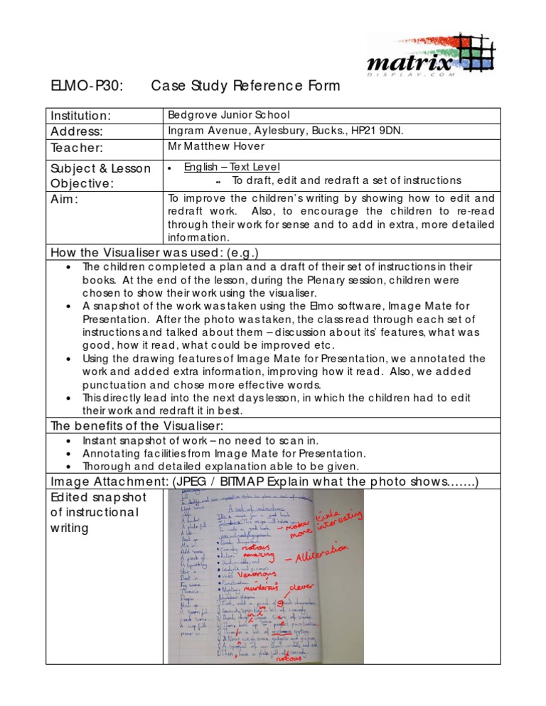 ELMO-P30: Case Study Reference Form: Institution: Address: Teacher ...