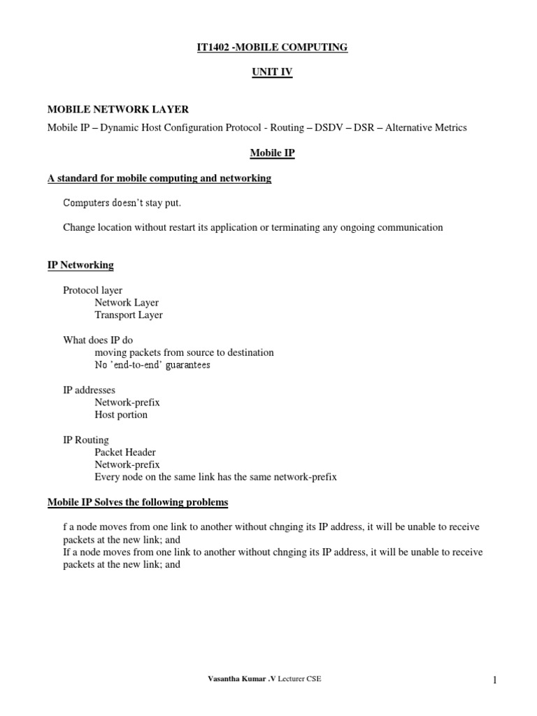 It1402 - Mobile Computing Unit Iv: Vasantha Kumar .V Lecturer CSE | PDF | Ip Address | Routing