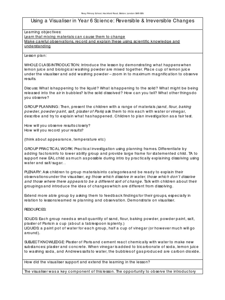 Science, Year 6, Reay Primary School | PDF