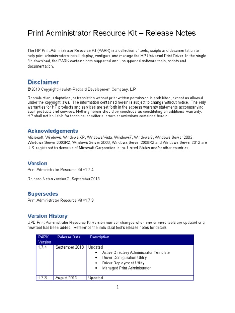 Print Administrator Resource Kit - Release Notes: Disclaimer | PDF ...