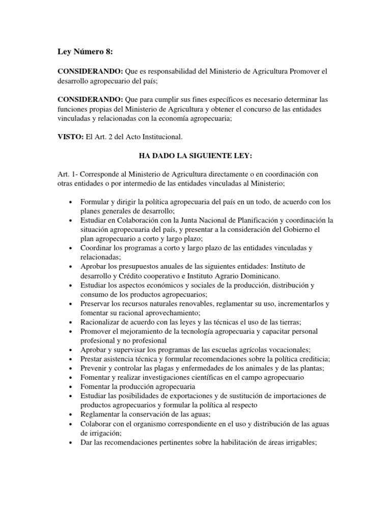 Ley No. 8 de 1965 Que Determina Las Funciones Del Ministerio de ...