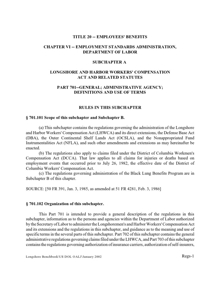 Department of Labor: USDOL-OALJ LHWCA BENCHBOOK REGULATIONS (2002) | PDF