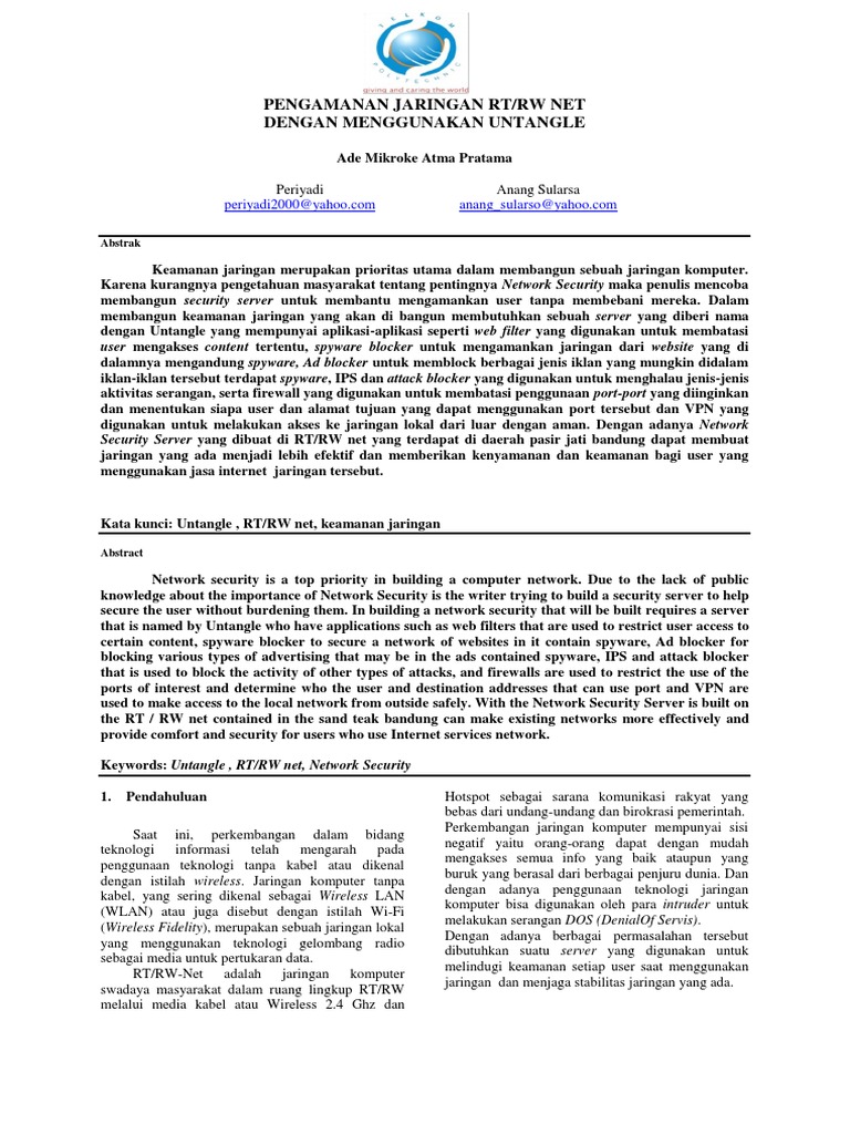 Jurnal Pa Pengamanan Jaringan RT RW Net Dengan Menggunakan Untangle PDF | PDF