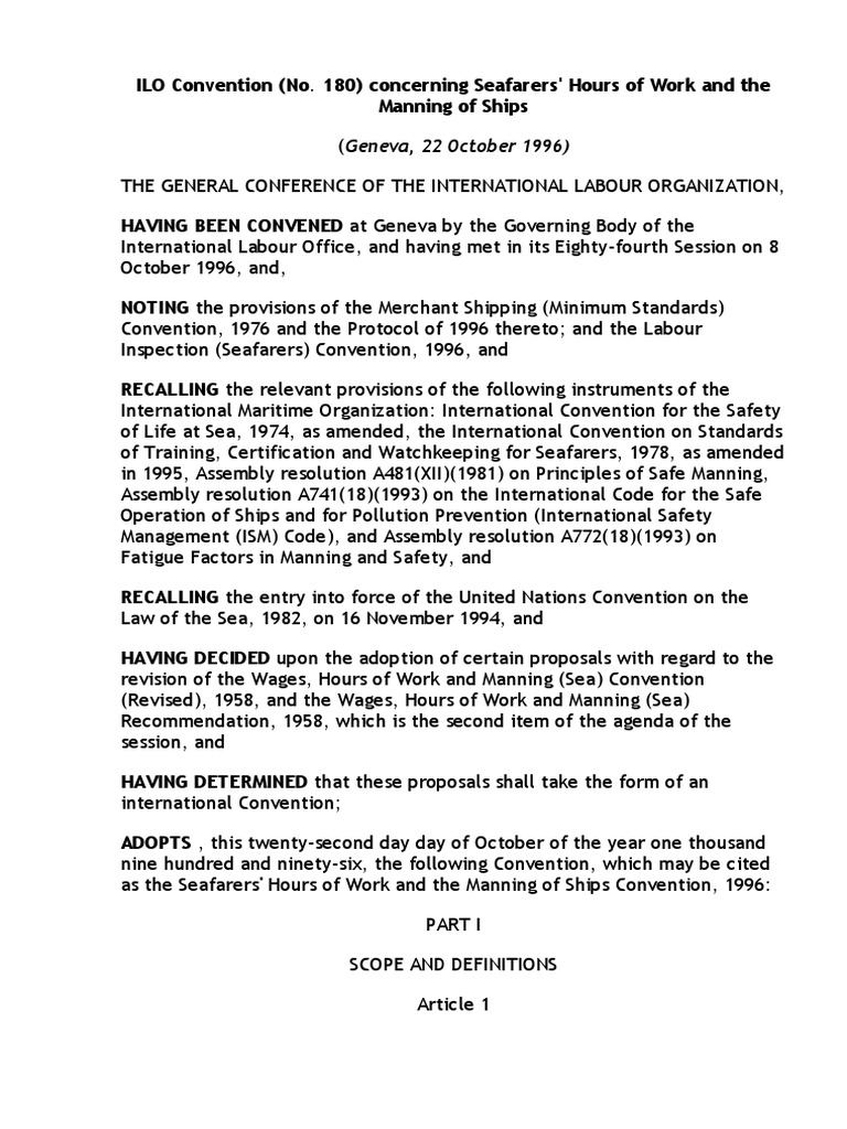 ILO Convention Concerning Seafarers Hours of Work and The Manning of ...