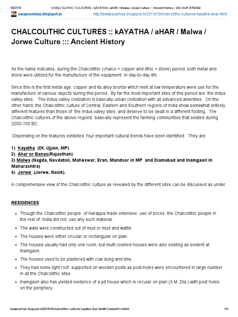 CHALCOLITHIC CULTURES - kAYATHA - aHAR - Malwa - Jorwe Culture PDF ...