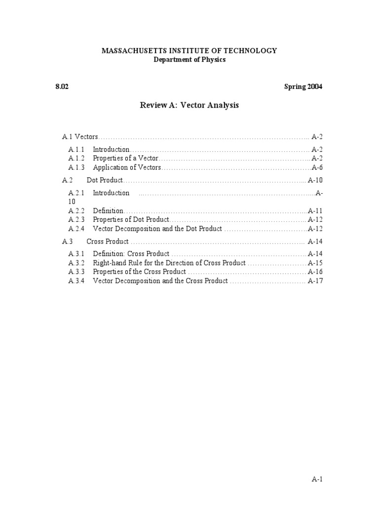 Review A: Vector Analysis: Massachusetts Institute of Technology ...
