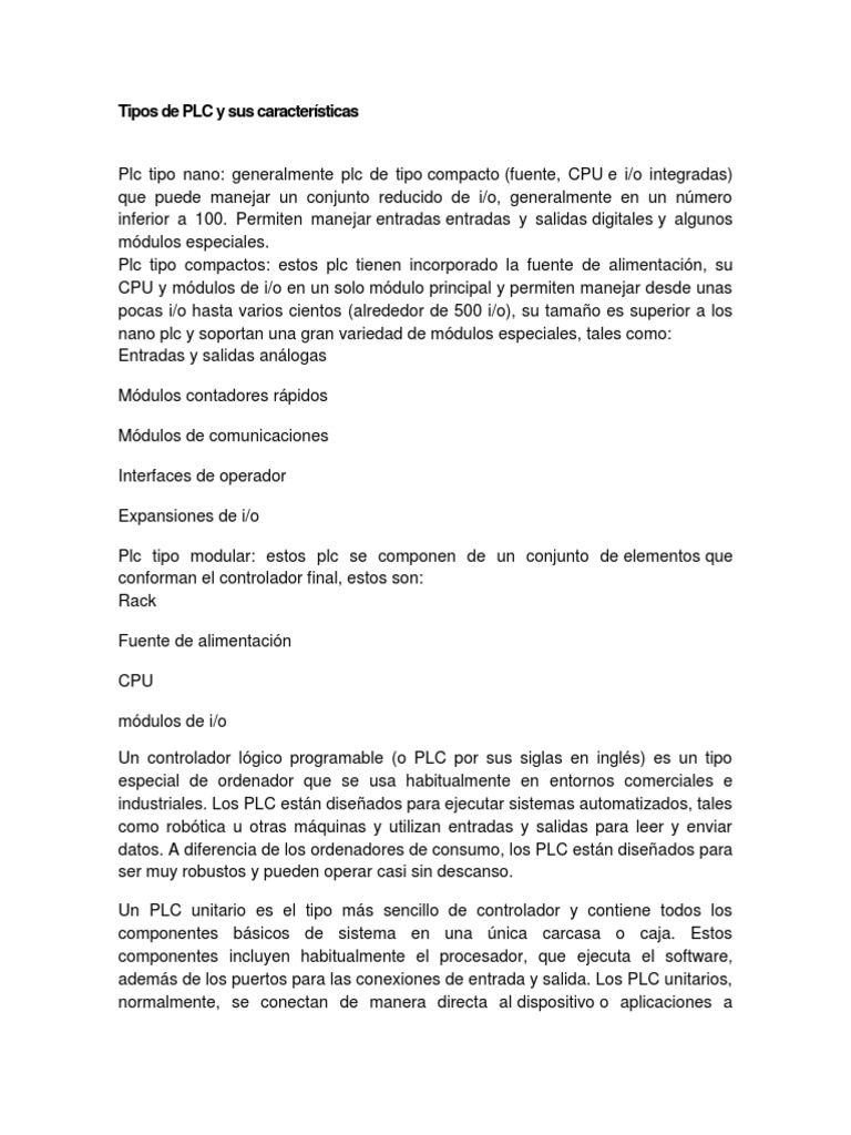 Tipos de PLC y Sus Características | PDF | Controlador lógico ...