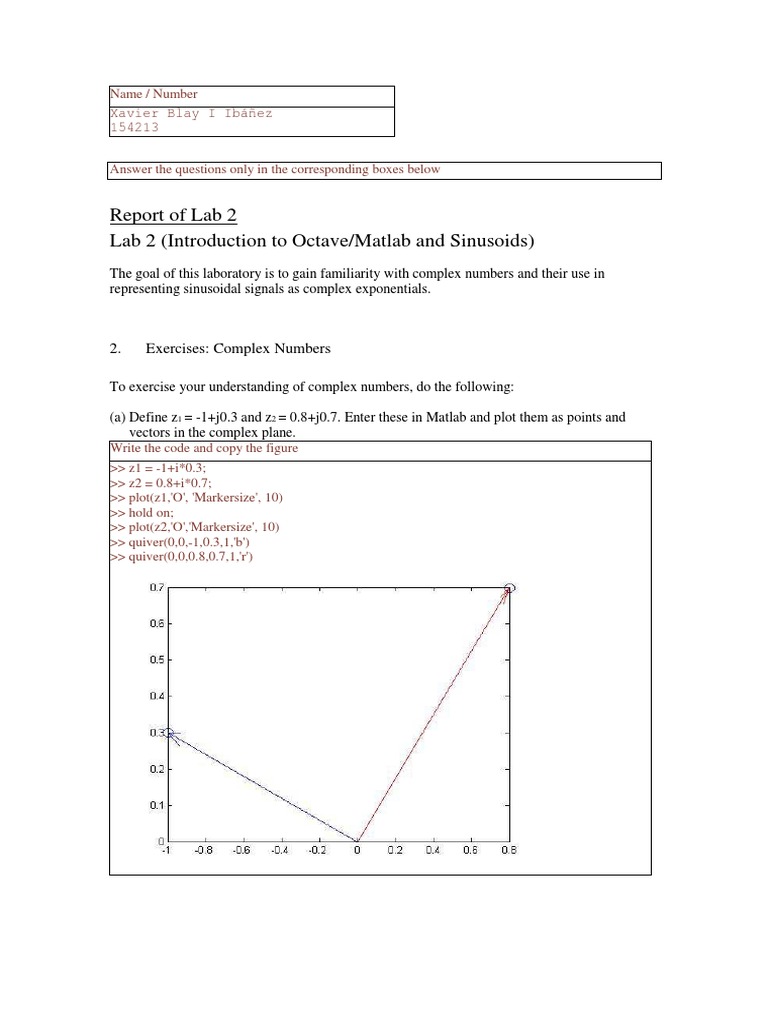 Report Of Lab 2 Lab 2 Introduction To Octave Matlab And Sinusoids Pdf Complex Number