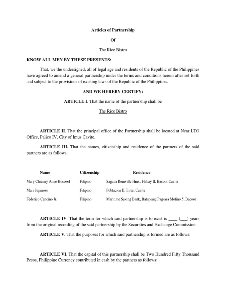 Articles of Partnership | Partnership | Philippines