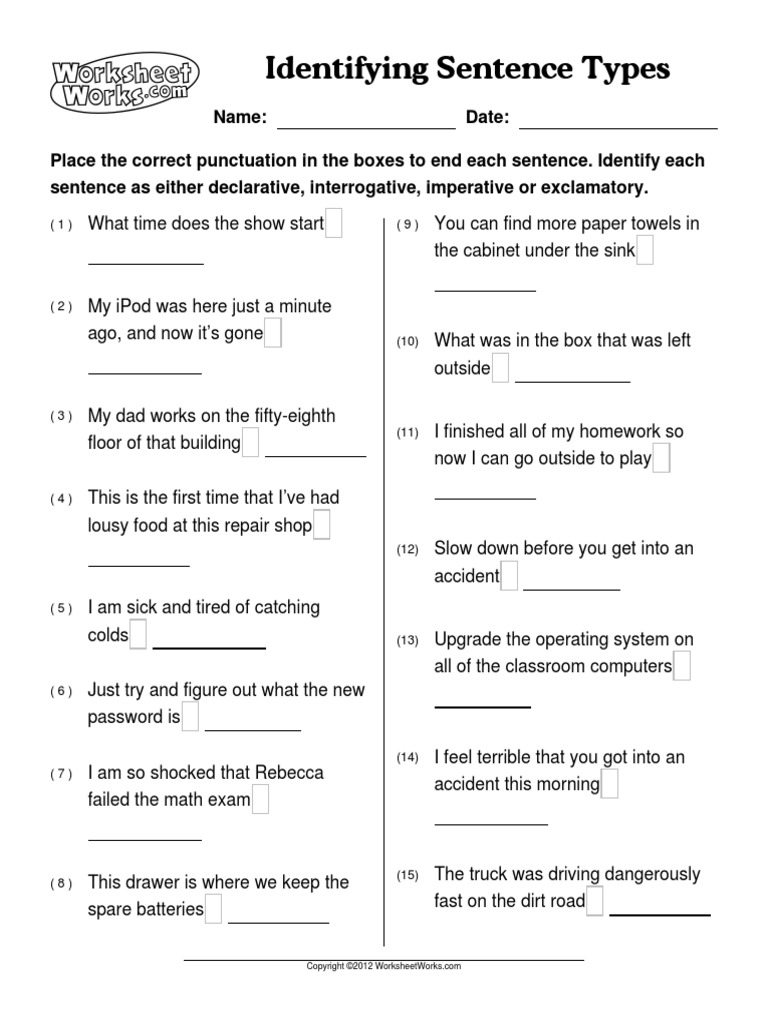 WorksheetWorks Identifying Sentence Types 1 PDF | PDF | Language Arts ...