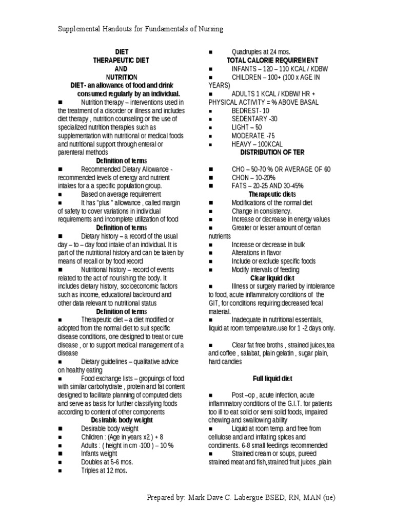 Supplemental Handouts For Fundamentals of Nursing | PDF | Nutrition ...