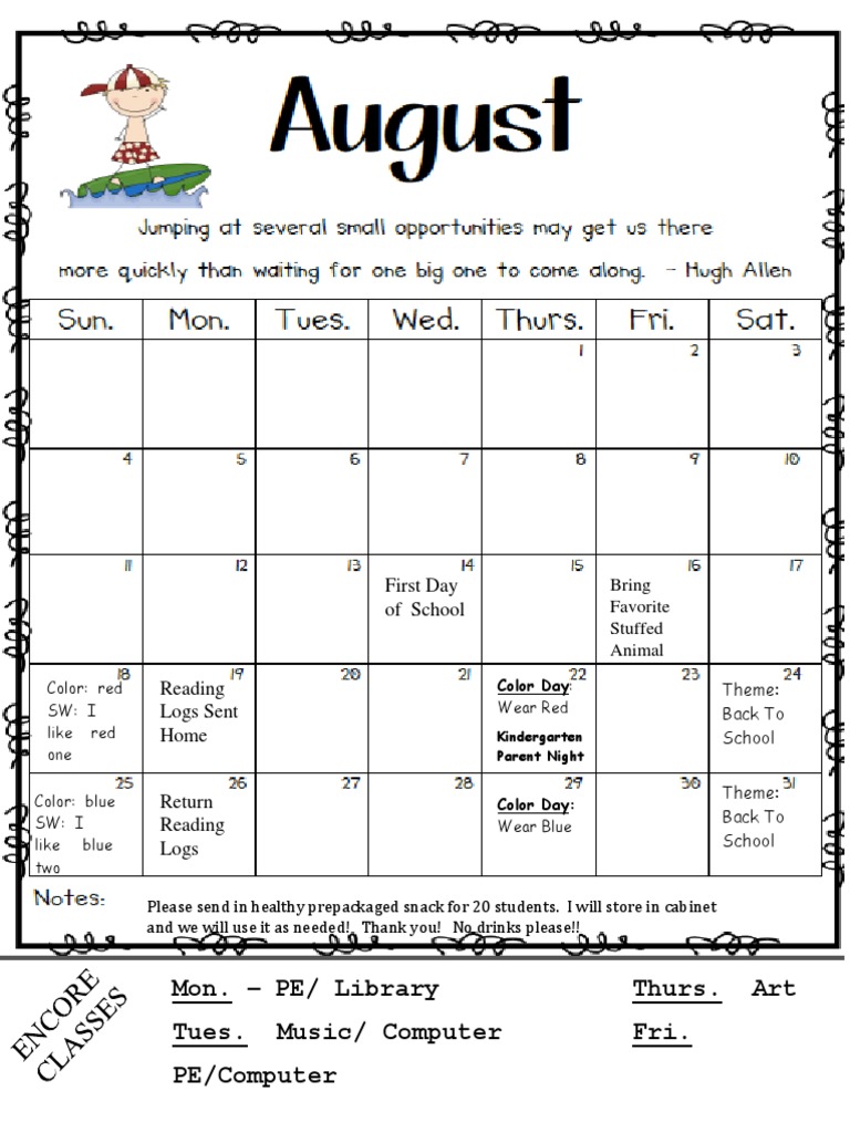 August Kindergarten Parent Calendar | PDF