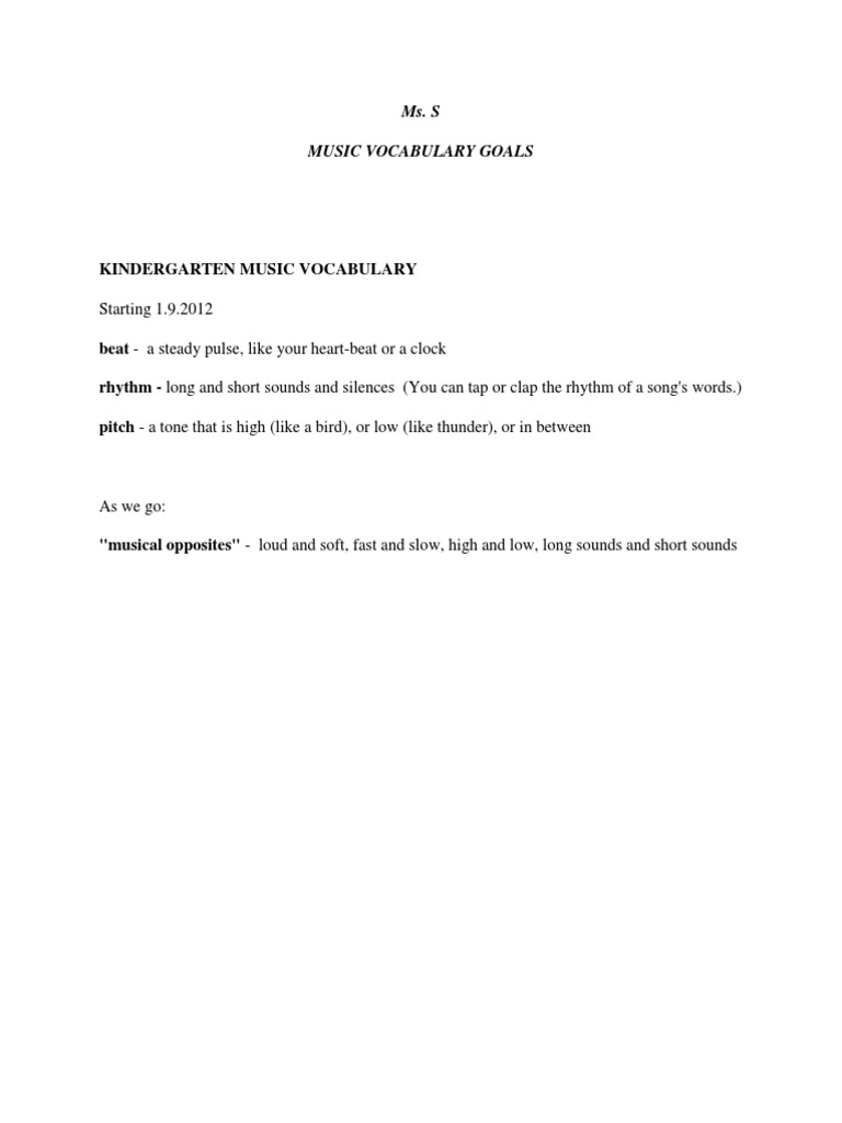 Music Vocabulary Goals | PDF | Pitch (Music) | Rhythm