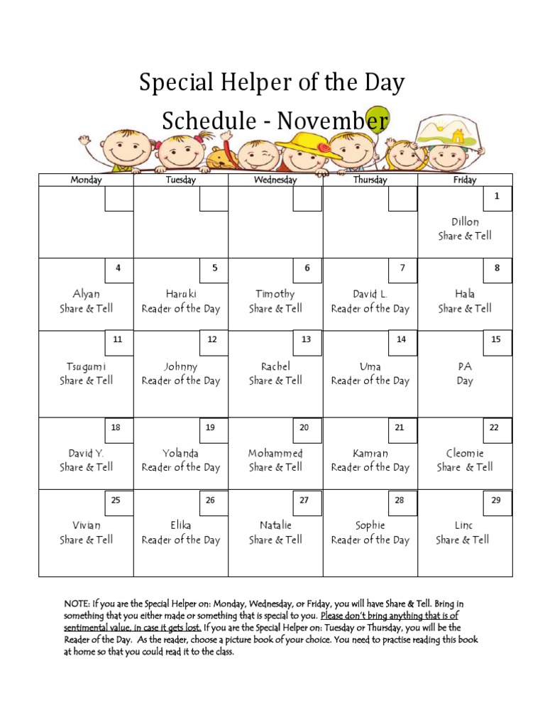 Special Helper of The Day - Schedule - Oct | PDF