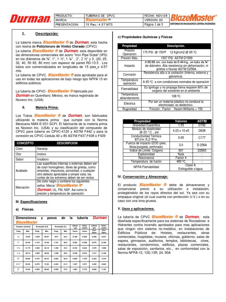 Ficha Tec CPVC Blaze Master | Tubería (transporte de fluidos) | Química