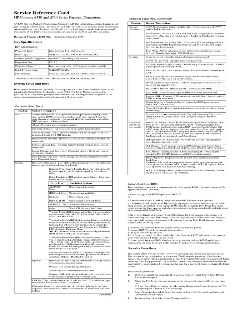 HP COMPAQ D330UT-Service Reference Card | PDF | Booting | Floppy Disk
