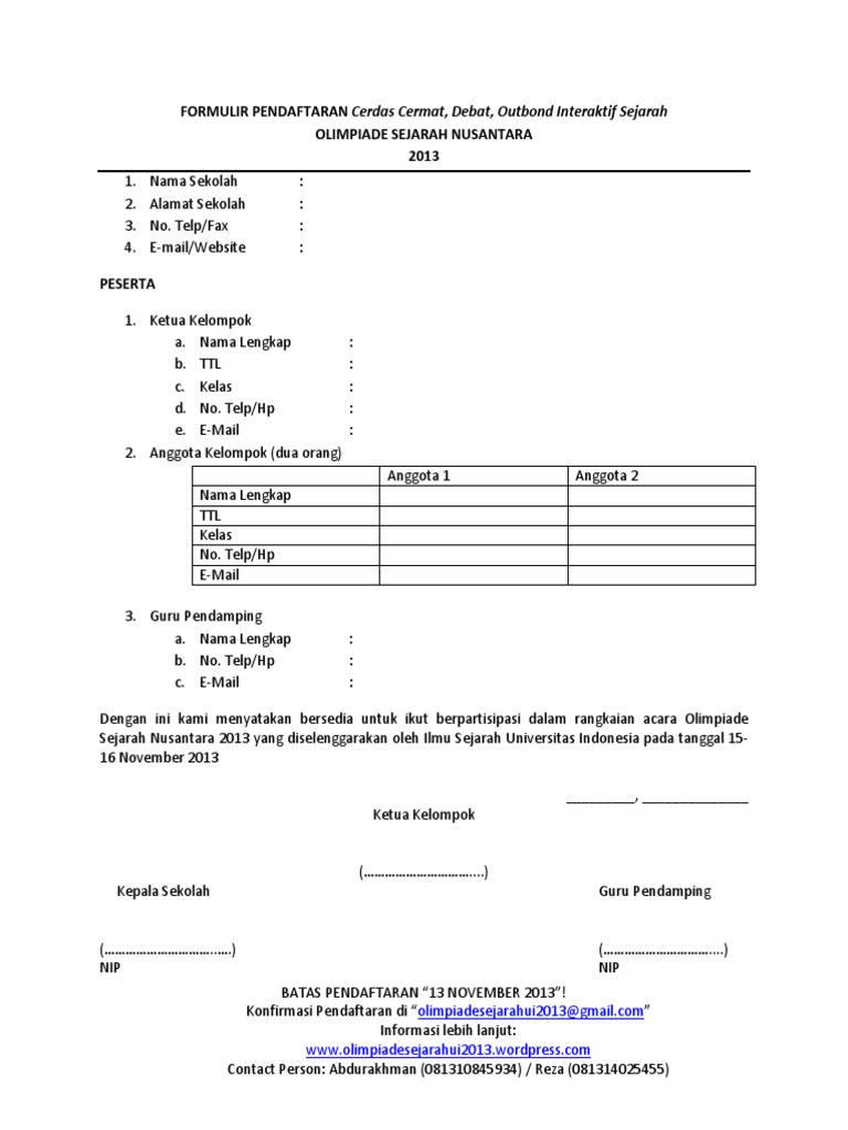FORMULIR PENDAFTARAN Cerdas Cermat, Debat, Outbond Interaktif Sejarah PDF | PDF | Kajian Bahasa ...