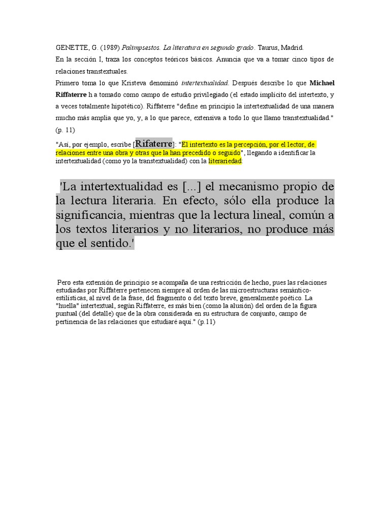 GENETTE-Intertextualidad Según Rifaterre | PDF | Intertextualidad ...