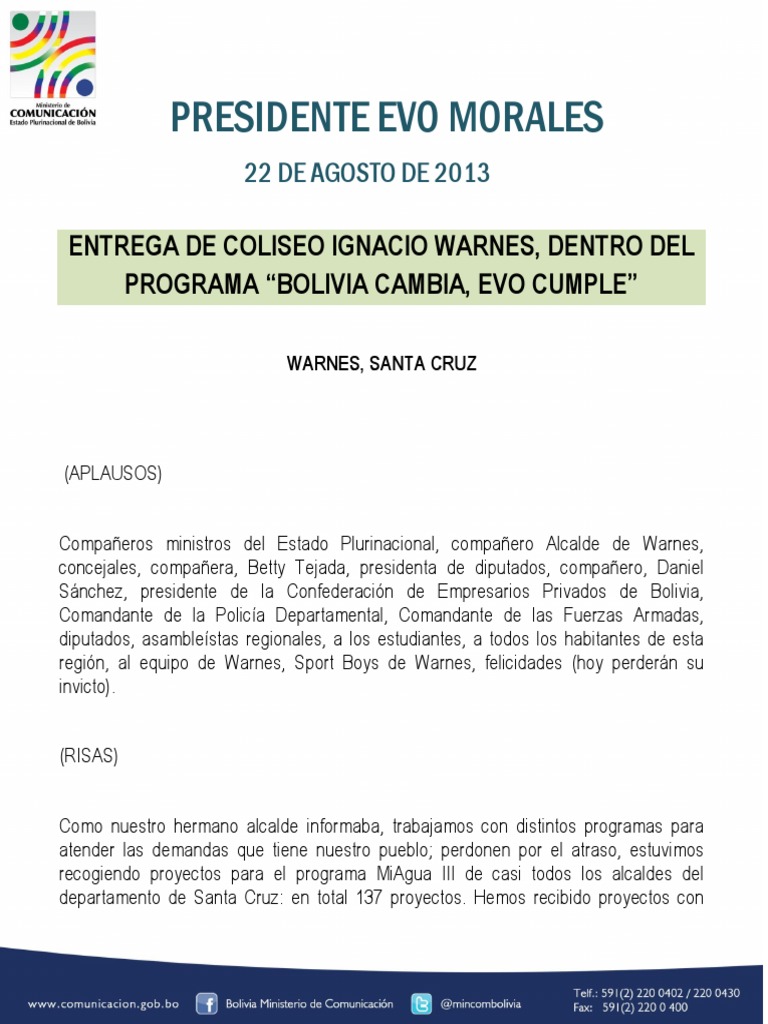 Entrega del Coliseo Ignacio Warnes en Warnes | PDF | Bolivia