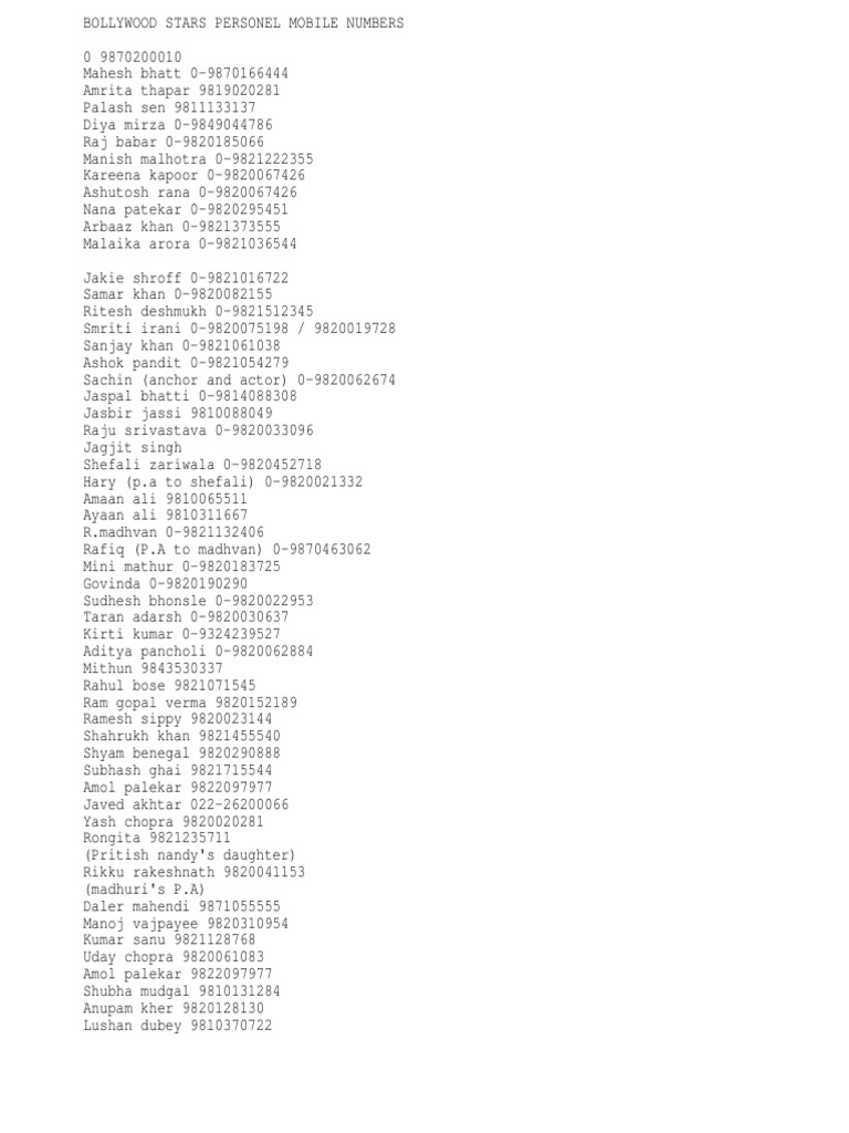 Bollywood Stars Personel Mobile Numbers | PDF
