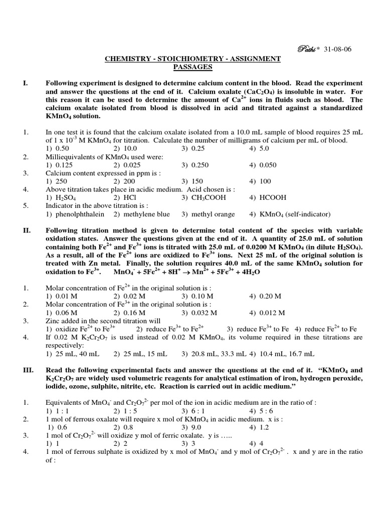 Microsoft Word - STOICHIOMETRY-ASSIGNMENT - 1 PDF | PDF | Titration ...