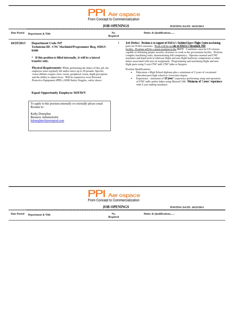JOB POSTING-CNC Machnist-Programmer 10-25-13 | PDF | Numerical Control | Nasa