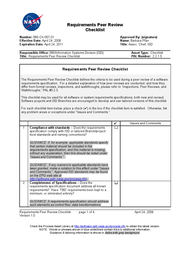 NASA-Requirements Peer Review Checklist | PDF | Specification ...
