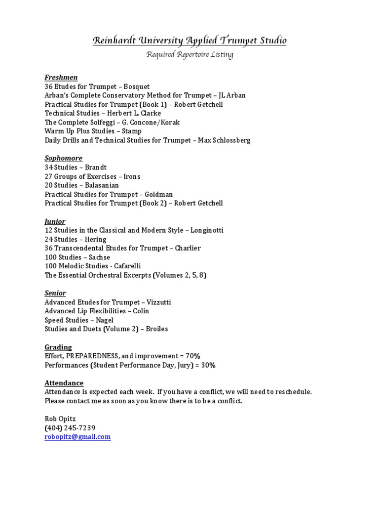 Reinhardt University Trumpet Repertoire List | PDF