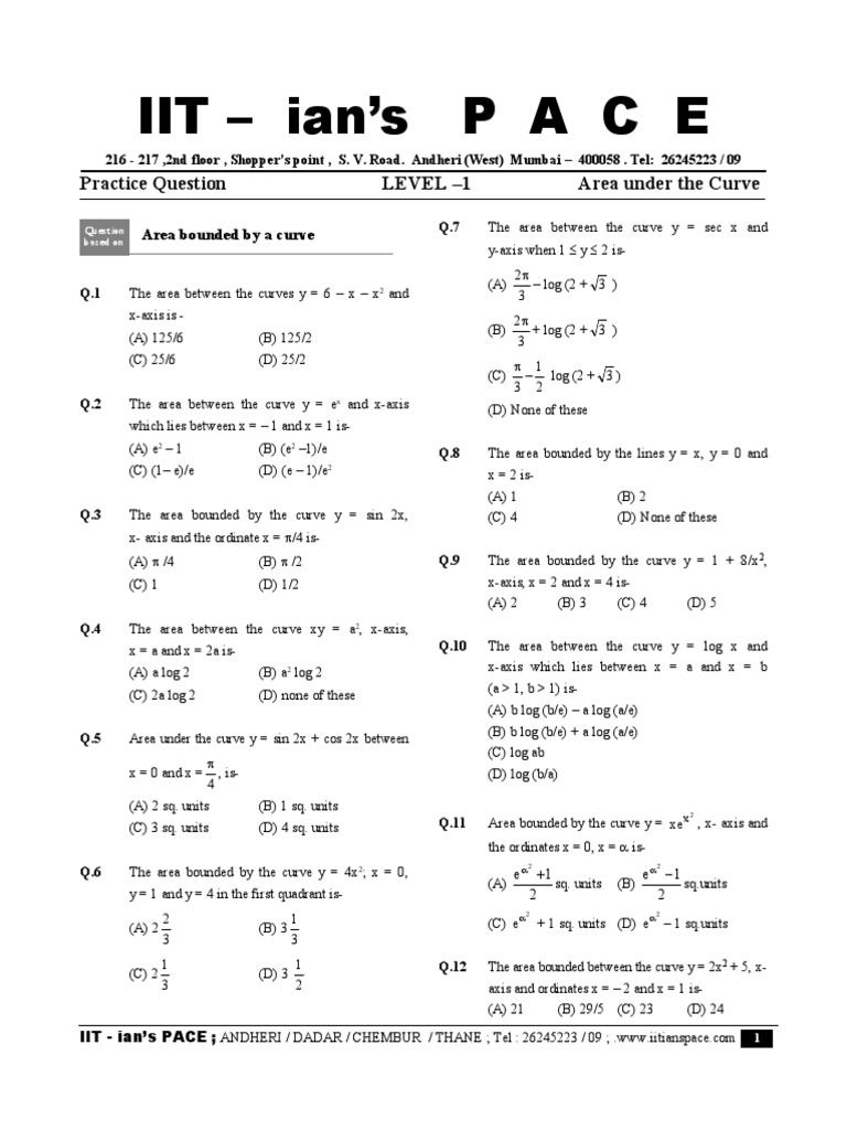 Area Under Curve Practice Questions | PDF | Cartesian Coordinate System ...