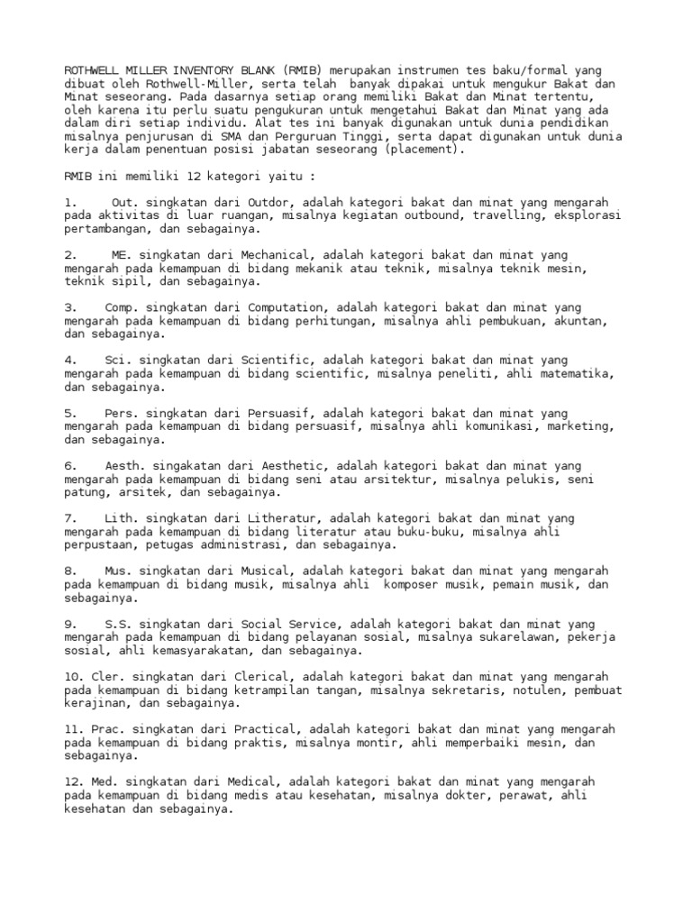 ROTHWELL MILLER INVENTORY BLANK (RMIB) - Tes Bakat Dan Minat | PDF