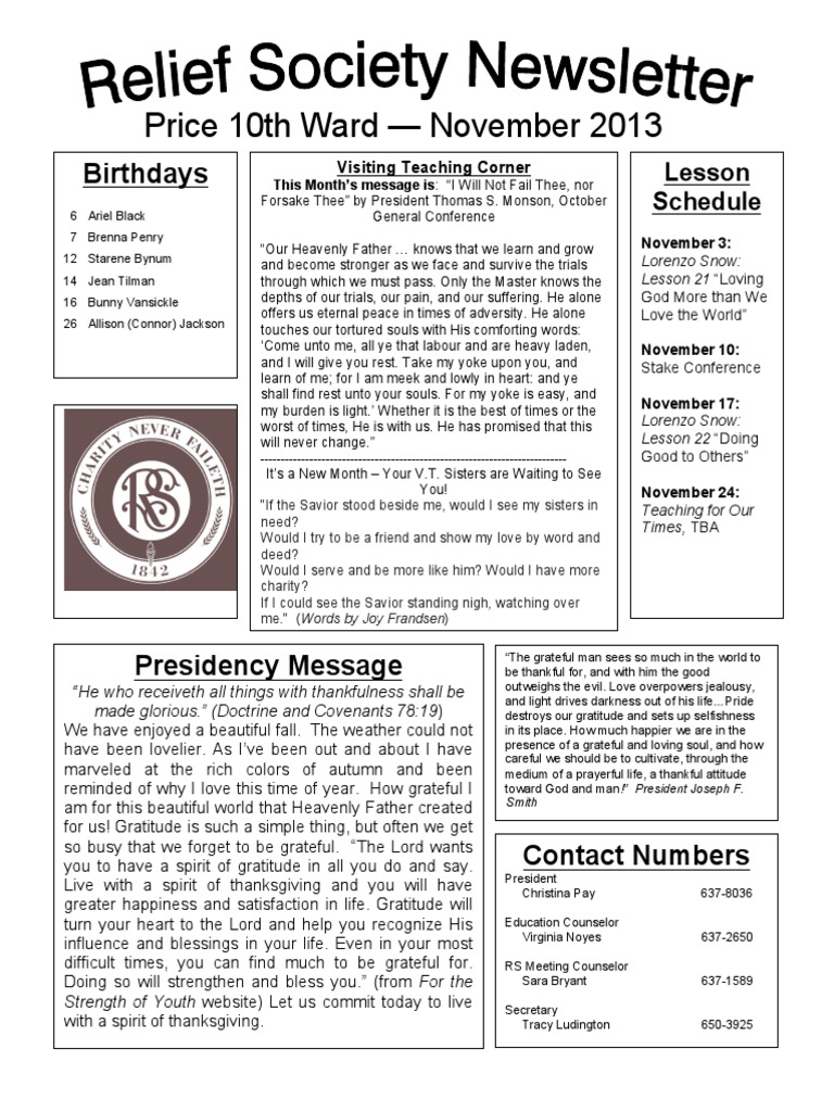 November Relief Society Newsletter | PDF | Gratitude | Religious Belief ...