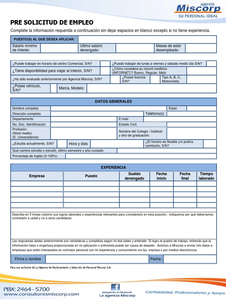 Pre Solicitud de Empleo | PDF | Crecimiento personal y profesional ...