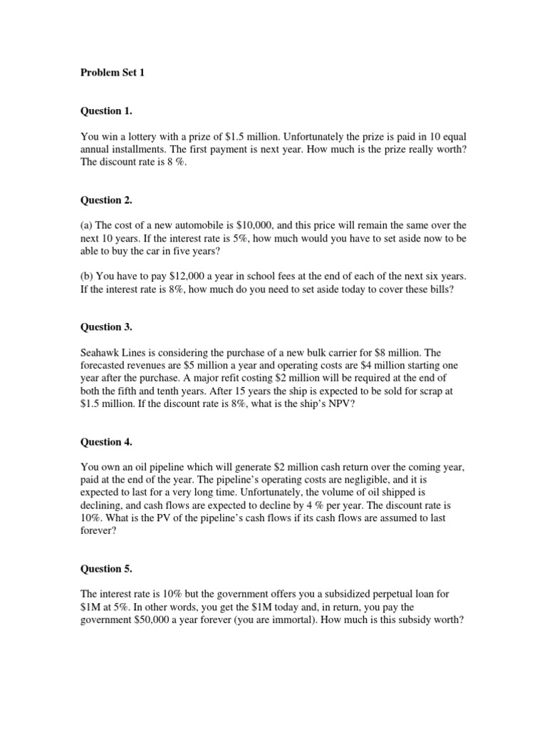 Financial Problem Set: NPV and Valuation | PDF | Discounting ...