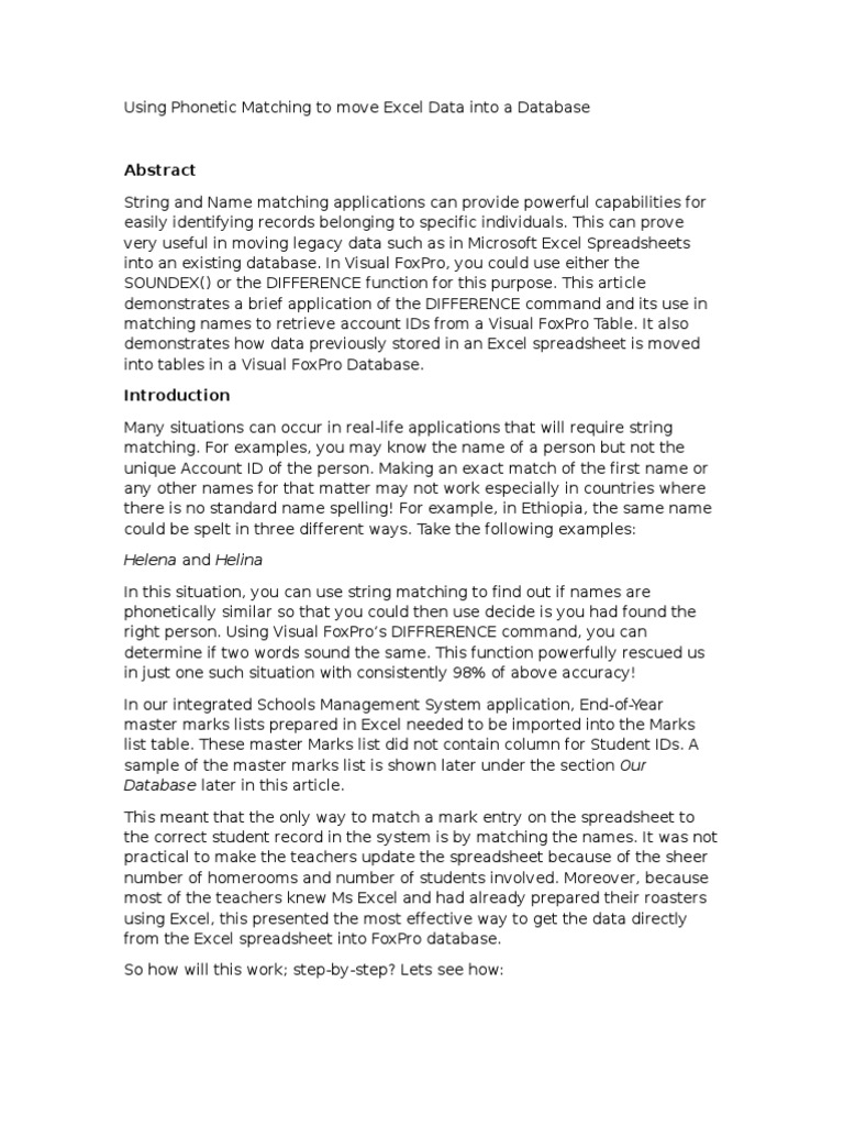Using Phonetic Matching To Move Excel Data Into A Visual FoxPro ...