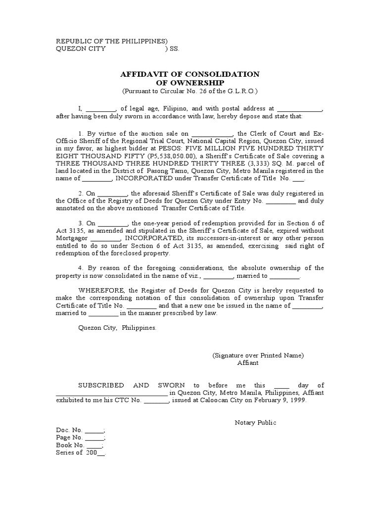 Affidavit of Consolidation of Ownership. | Affidavit | Private Law