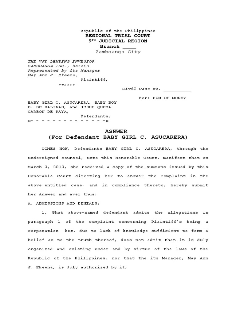 Answer to Civil Case: VJD Lending vs. Asucarera | PDF | Lawsuit | Virtue