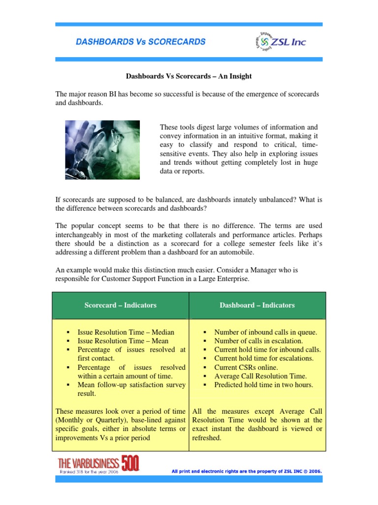 Dashboards Vs Scorecards PDF | PDF