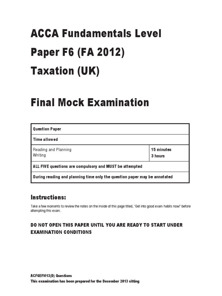 ACCA Fundamentals Level Paper F6 (FA 2012) Taxation (UK) Final Mock ...