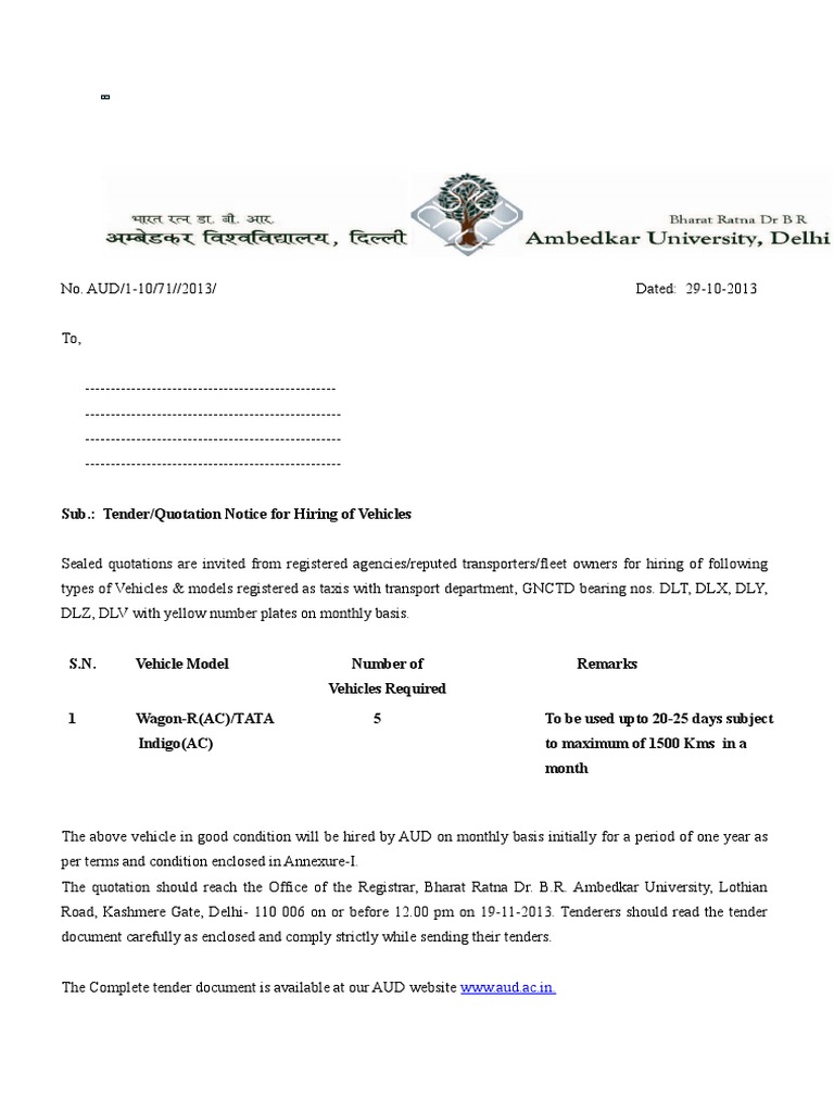 Tender Quotation Notice For Hiring of Vehicles | PDF