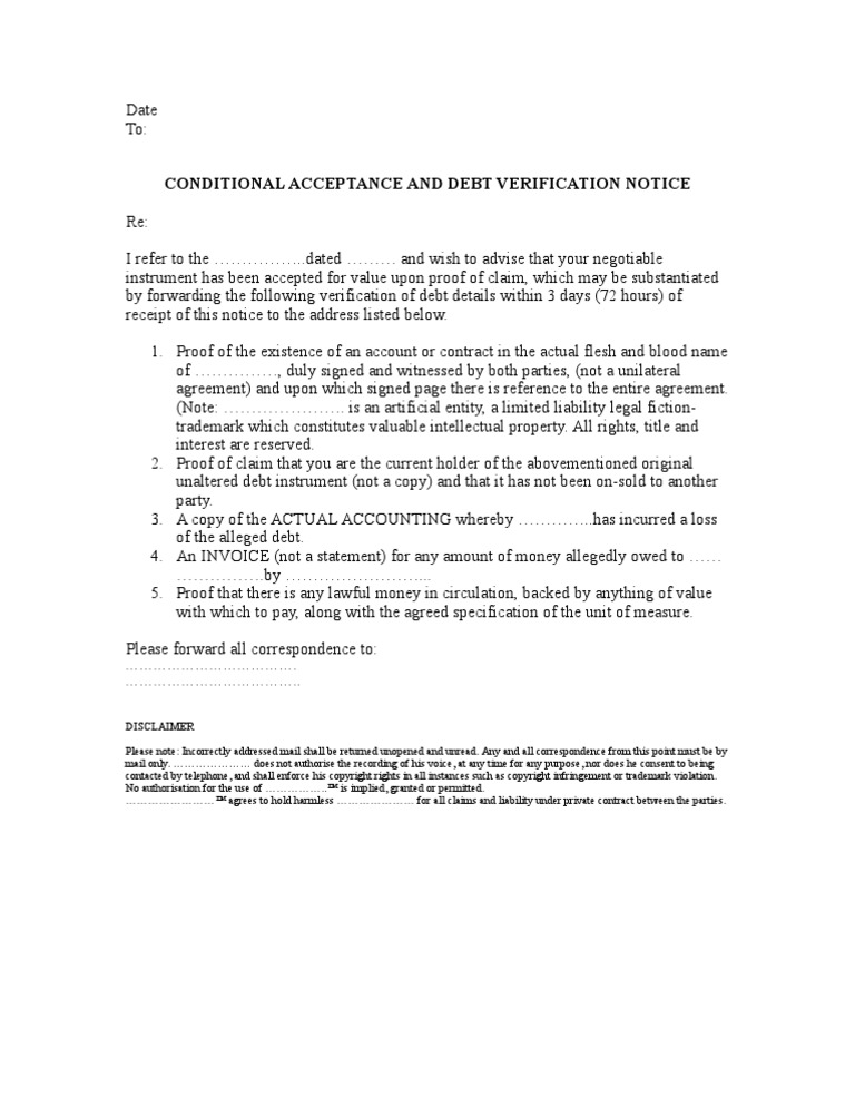 Validation - Conditional Acceptance and Debt Verification Notice | PDF