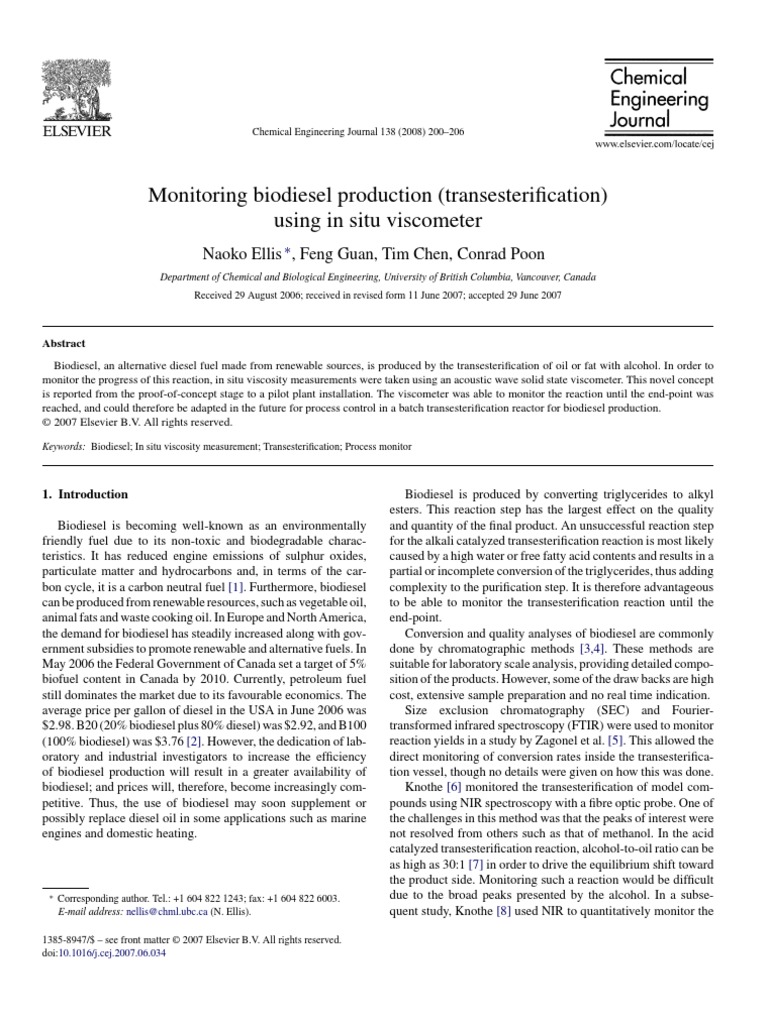 Monitoring Biodiesel Production (Transesterification) Using in Situ ...