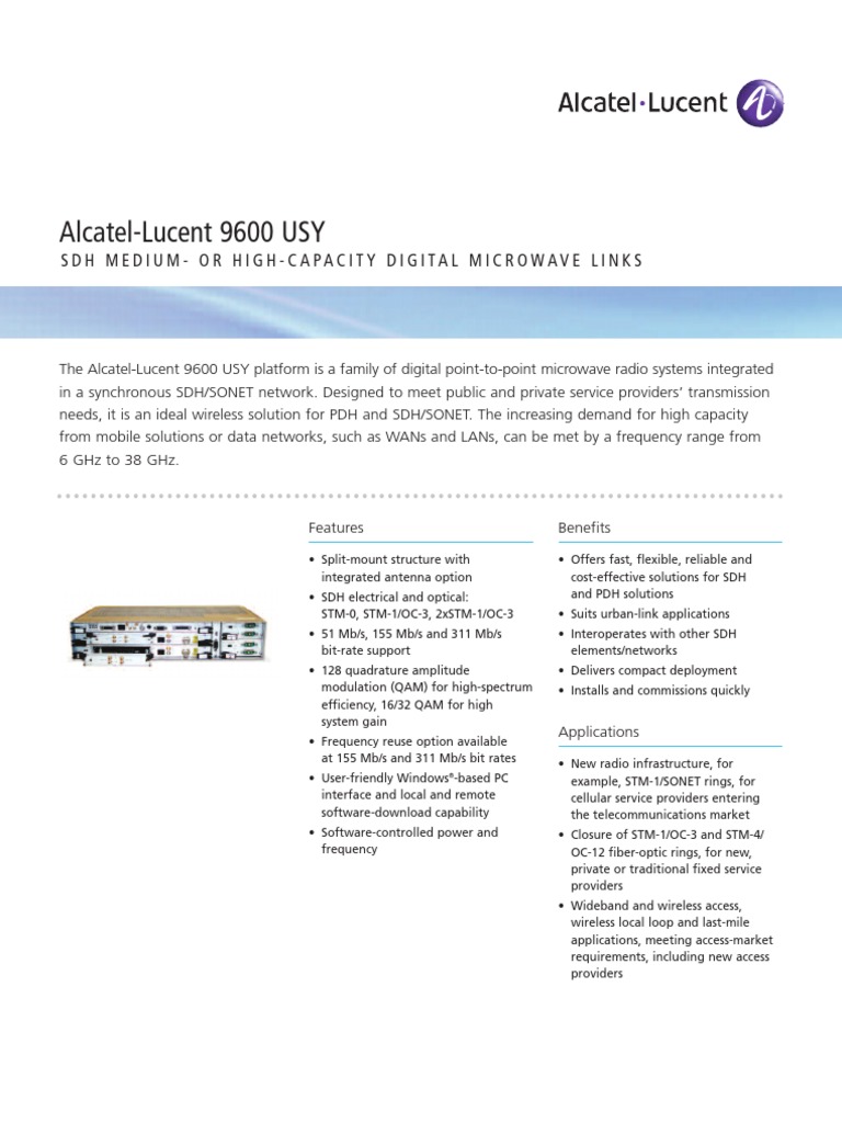 Alcatel-Lucent 9600 USY: Sdhmedium-Orhigh-Capacitydigitalmicrowavelinks ...