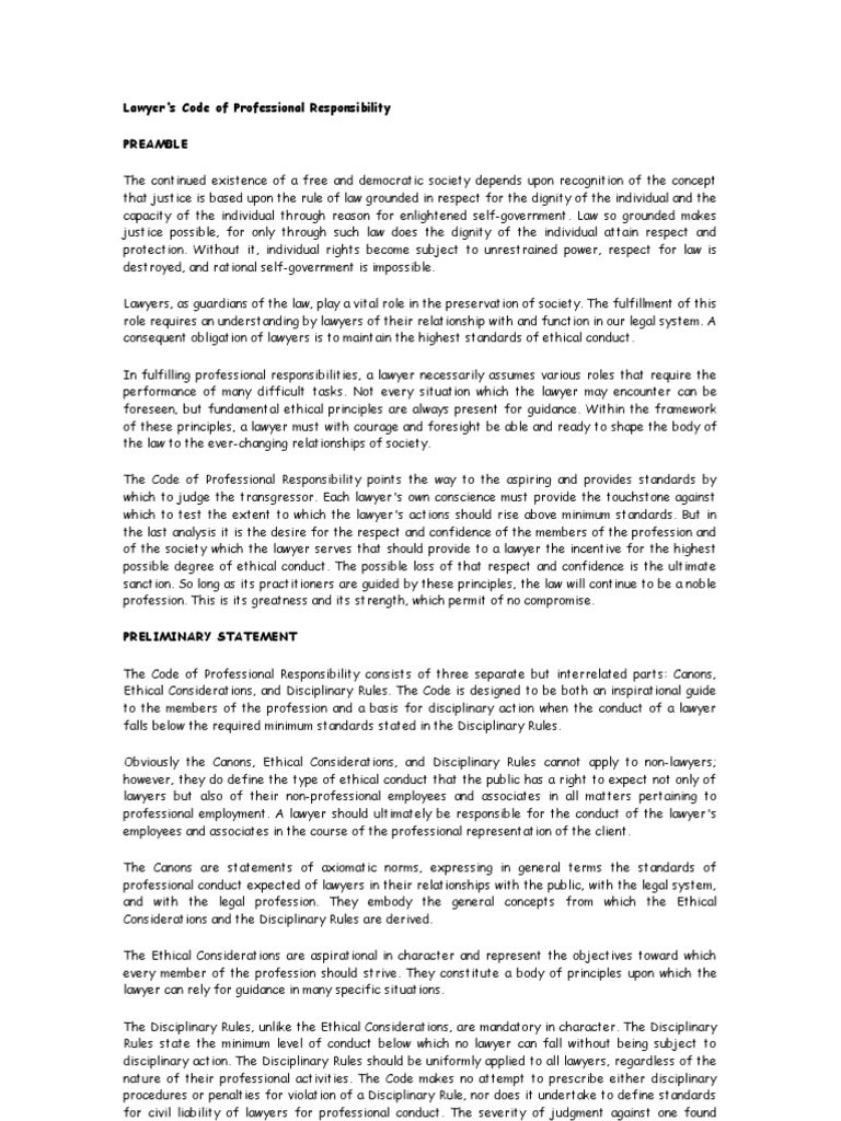 Lawyer's Code of Professional Responsibility Preamble | PDF | Lawyer ...