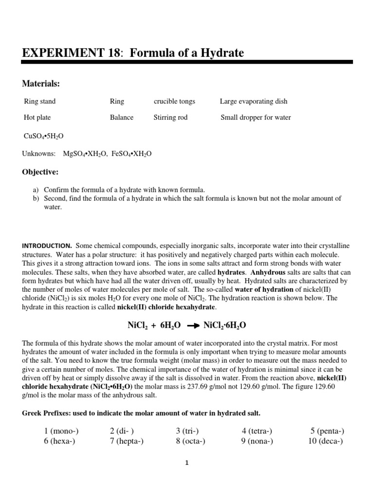 Exp 18 Percentage and Formula of A Hydrate | PDF | Properties Of Water ...